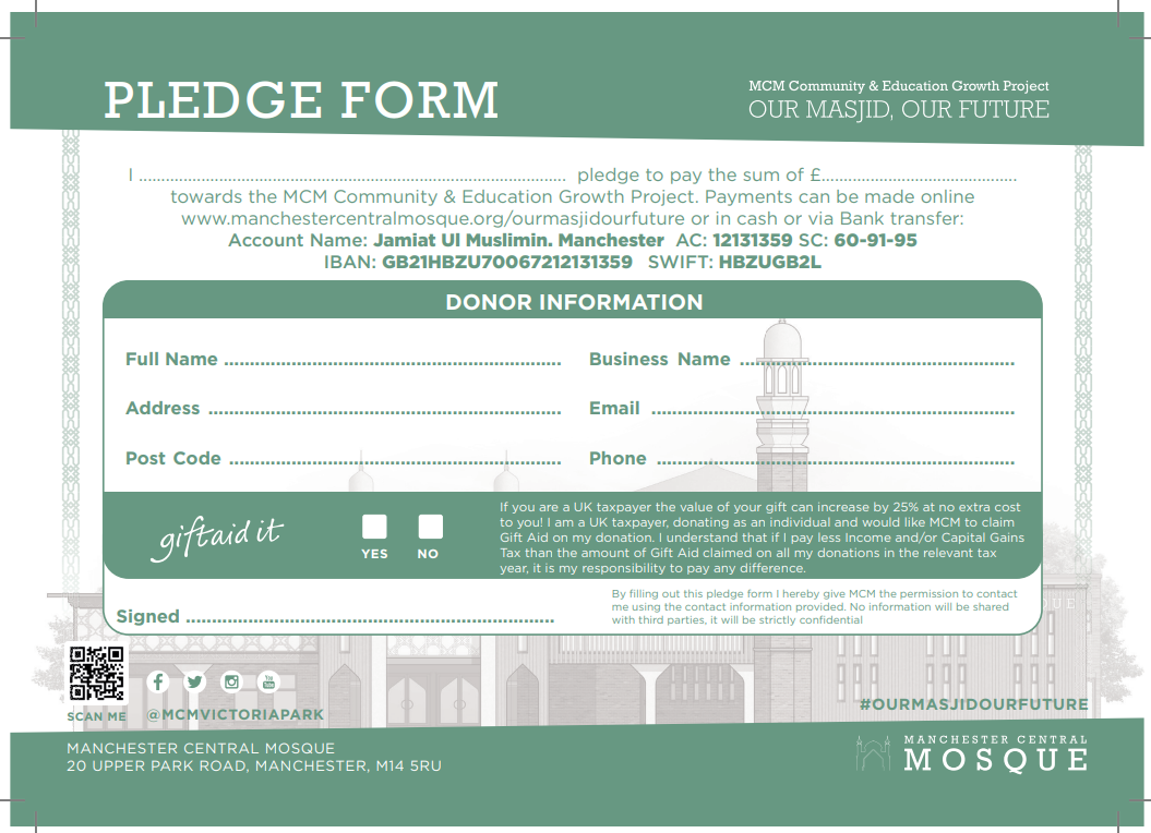Our Masjid Our Future - Pledge Form - Manchester Central Mosque